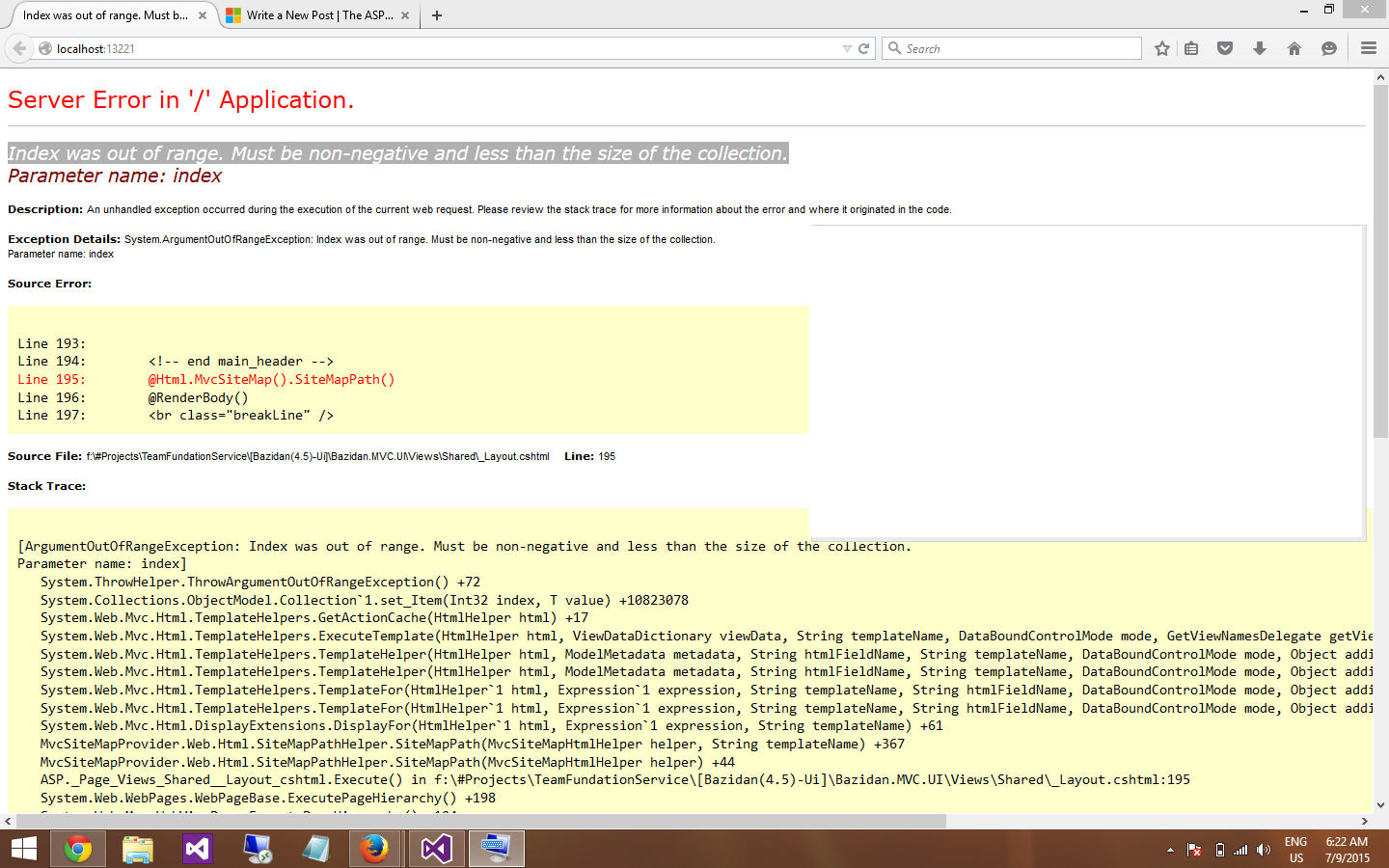 MVC 5 - Index was out of range. Must be non-negative and less than the ...